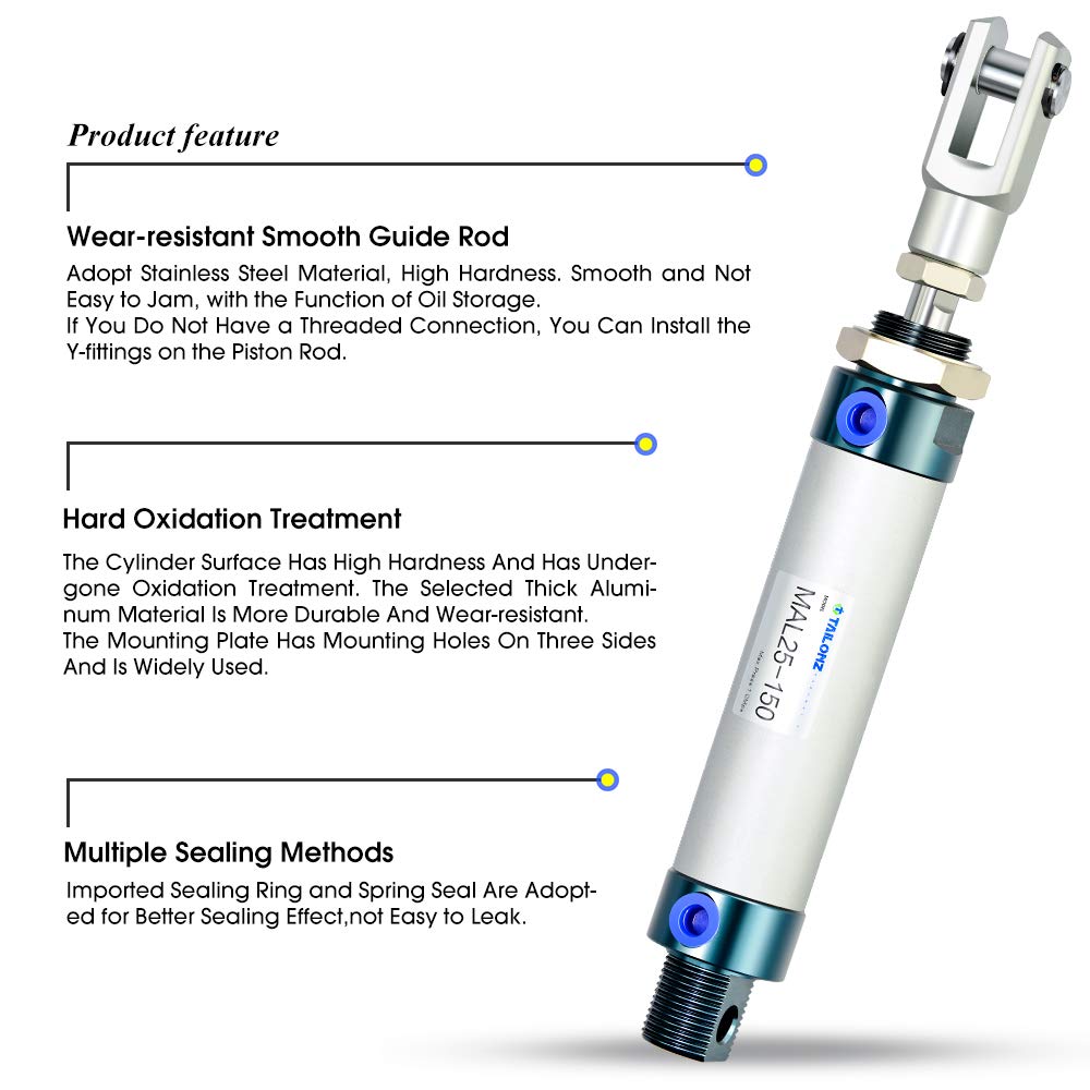 TAILONZ PNEUMATIC 25mm Bore 150mm Stroke Air Cylinder Double Action with Y Connector and 2Pcs 6mm Fitting MAL25x150