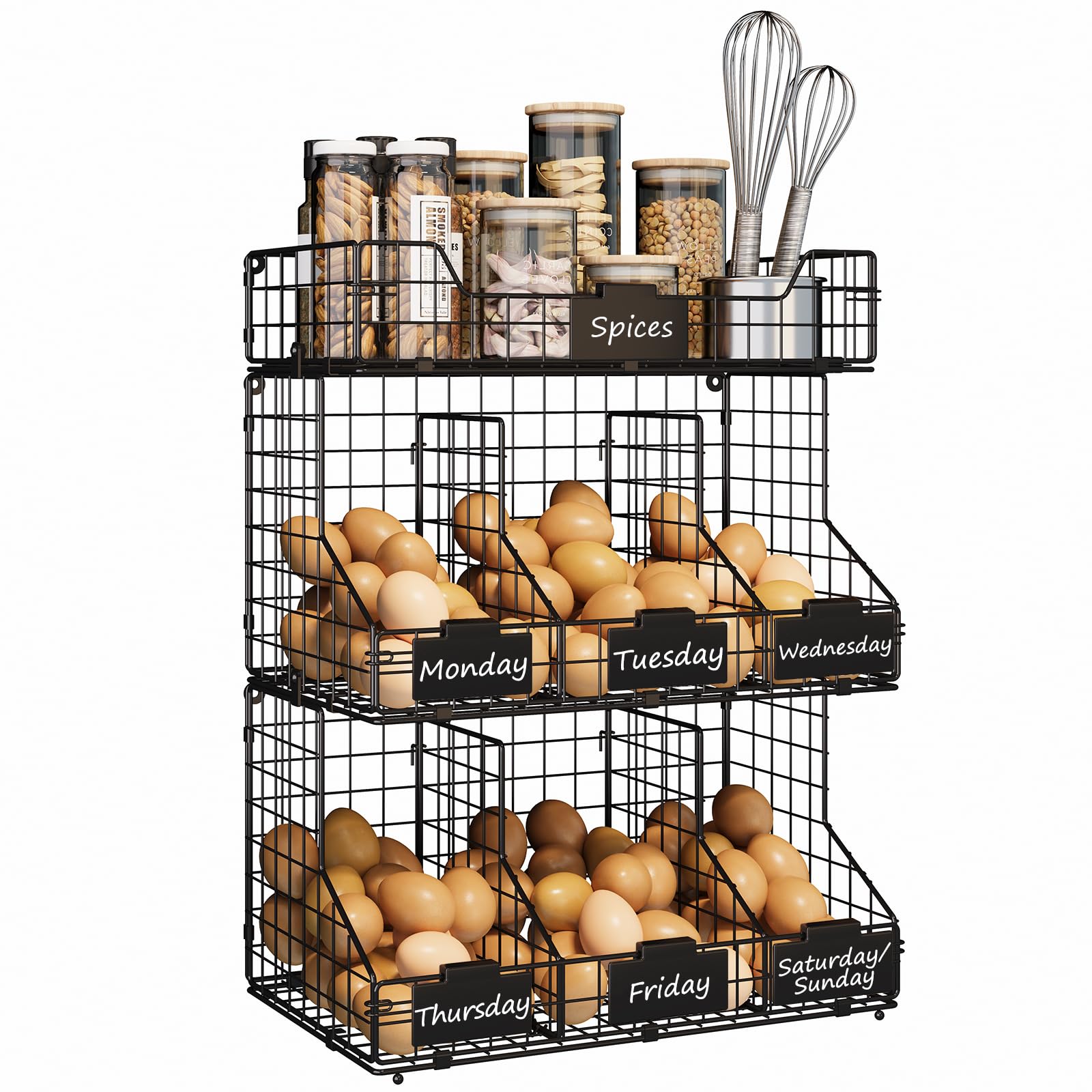 X-cosrack Fresh Egg Holder Countertop, 3 Tier Egg Rack with 4 Dividers to Separate Eggs for A Week, Stackable Wire Baskets for Storing Fresh Eggs, Large Egg Dispenser for Countertop/Wall-Mounted