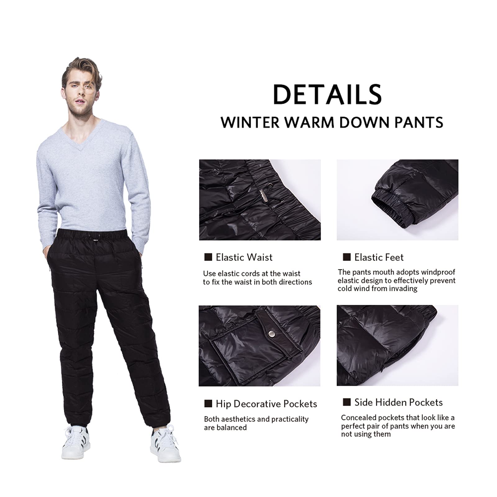 Tapasimme Men's Winter Warm Loose Packable Down Pants Puffer High Waisted Nylon Compression Lightweight Snow Trousers (X-Large, Black)