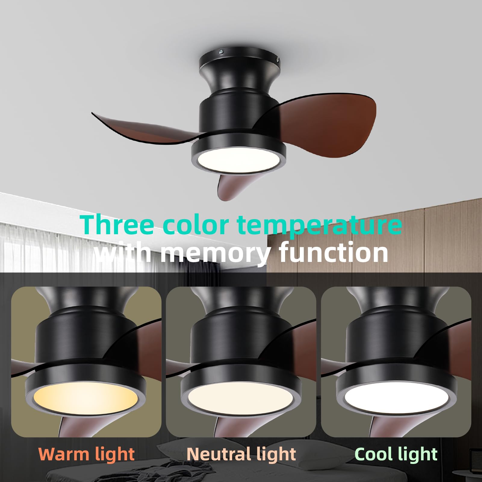 Roomratv Ceiling Fans with Lights 22 inch Quiet Ceiling Fan Large Airflow Remote Control 3 Color Temperature for Bedroom Kitchen Dining room Patio(Black)