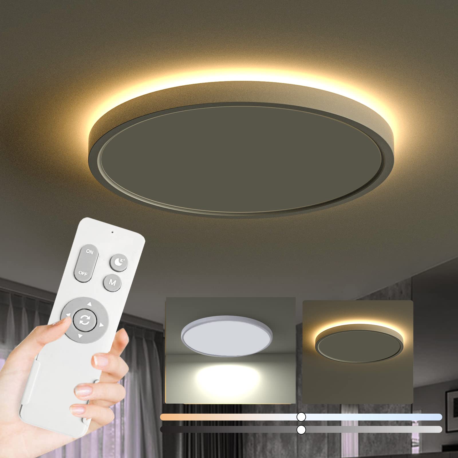 Roomratv Flush Mount Ceiling Light Fixture with Remote Control, Nightlight Warm 3000K, Hardwired 12inch 28W Round, 3000K-6500K Light Color Changeable, Brightness(10% to 100%) Adjustable