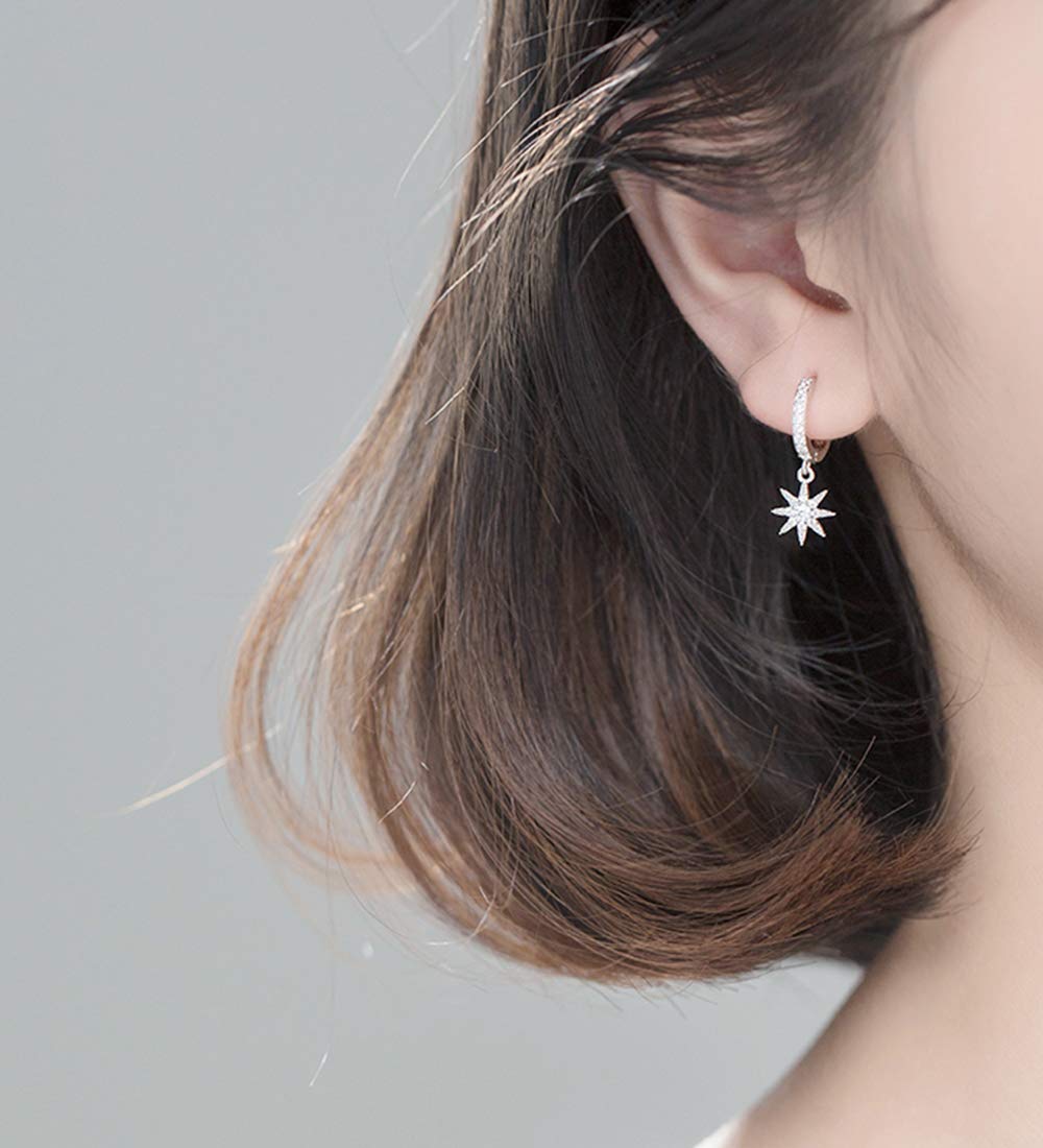 SLUYNZ 925 Sterling Silver Sparkling CZ Star Moon Small Hoop Earrings for Girls Women Asymmetric Star Moon Huggie Earrings (A-Silver)