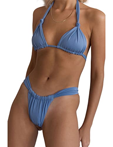Rooscier Women's Retro Halter Triangle Top Push Up 2 Piece String Bikini Set Swimsuits Blue Medium
