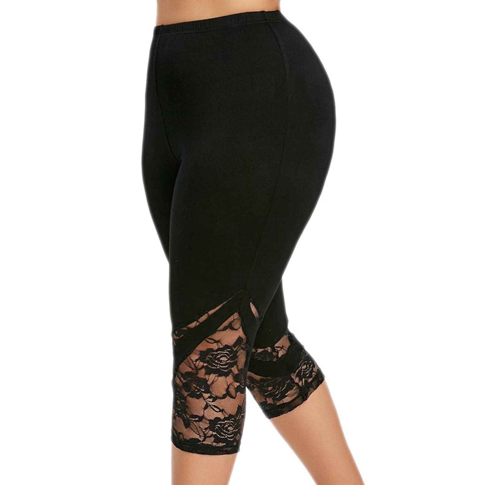 Women's Bermuda Shorts Plus Size Workout Capri Leggings Stretchy Yoga Tights Solid with Lace Trim Knee Length Pants Black