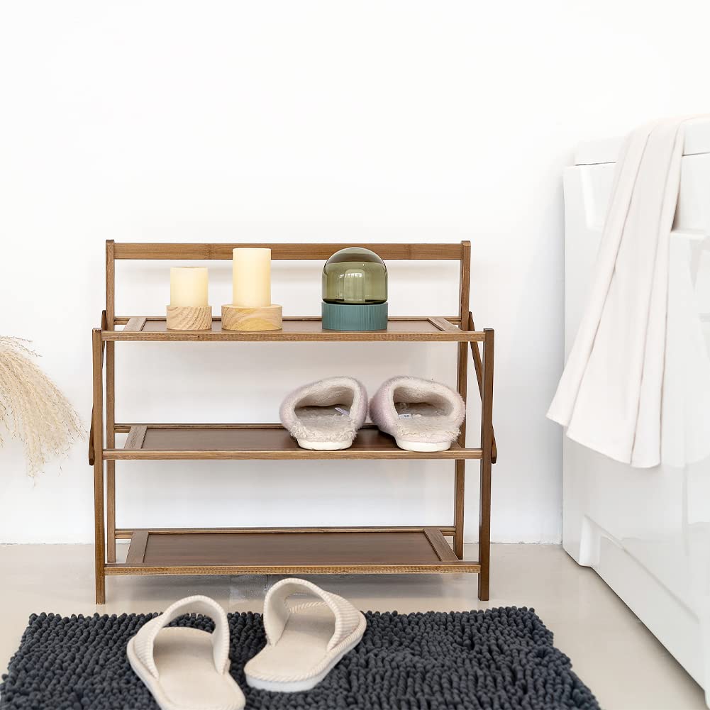 Small 3-Tier Shoe Rack for Closet & Entryway, Installation-Free Foldable Bamboo Shoes Storage Organizer, Sturdy Free Standing Three Shelf Shoe Stand for 6-9 Pairs, Brown 20x18x9 Inches