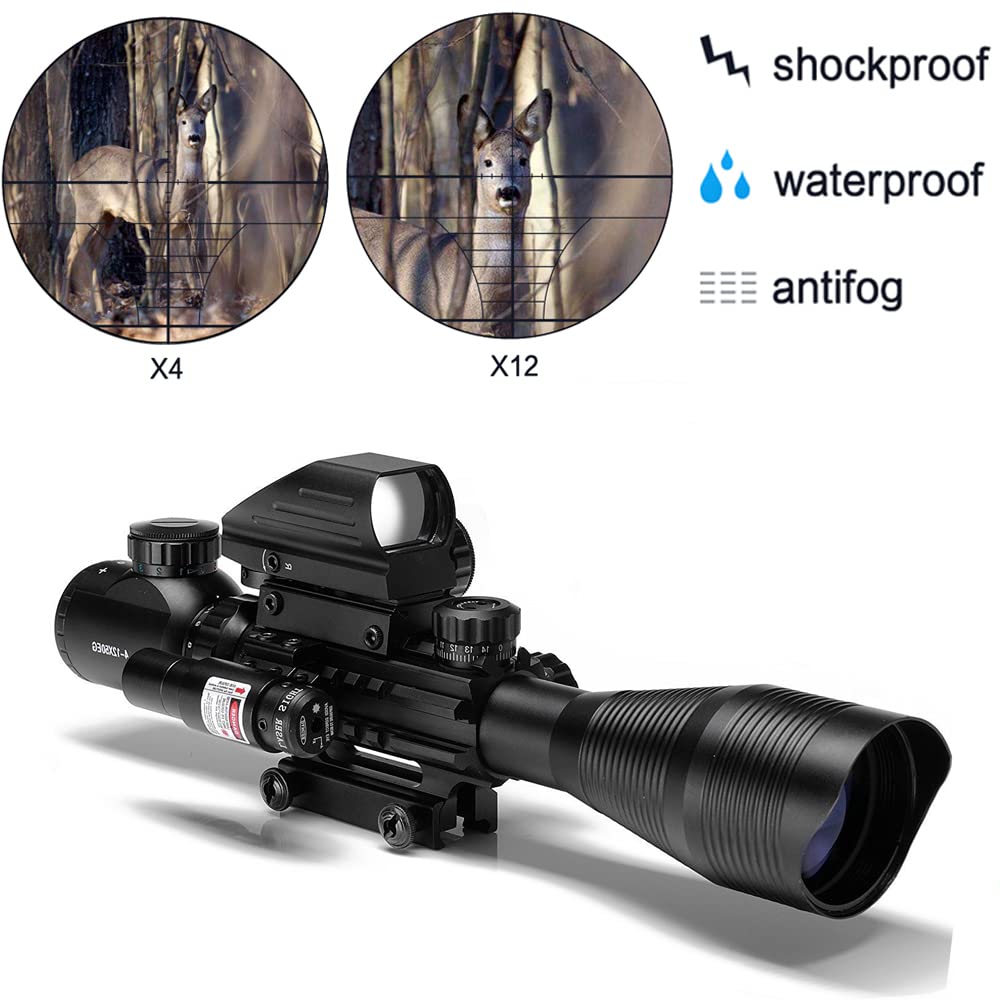 Rifle Scope Combo 4-12x50EG Dual Illuminated with Laser Sight 4 Holographic Reticle Red/Green Dot for Weaver/Rail Mount (Red Laser)