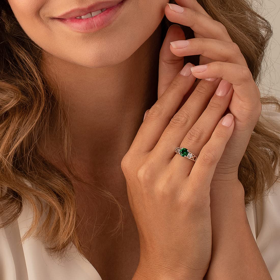 PEORA Simulated Emerald Cathedral Solitaire Ring for Women 925 Sterling Silver, 1.25 Carats Round Shape 7mm, Size 8