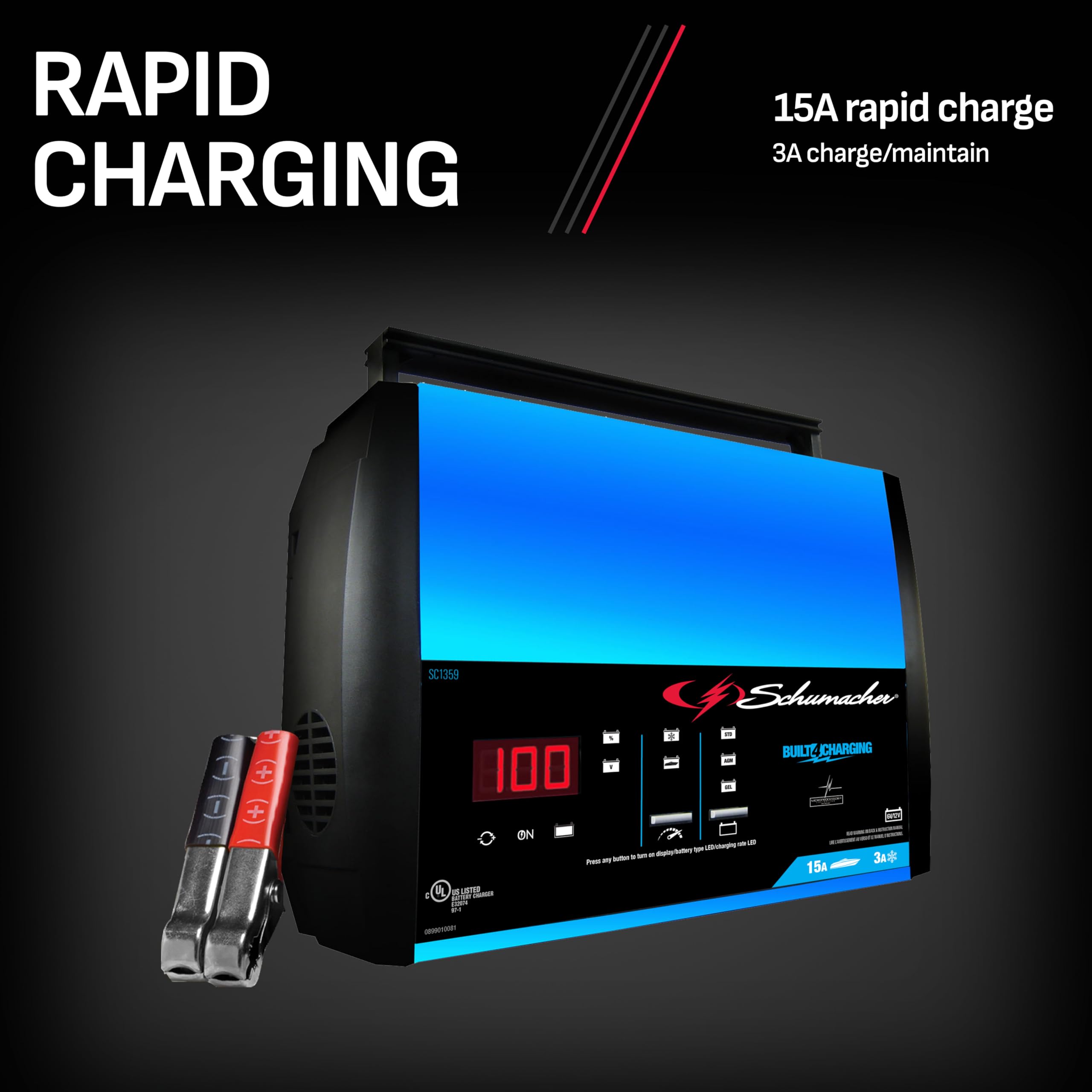 Schumacher SC1359 15A 6V/12V Fully Automatic Battery Charger and Maintainer β Rapid Charging β For Motorcycle, Power Sport, Boat, Car, and Truck Batteries, 4