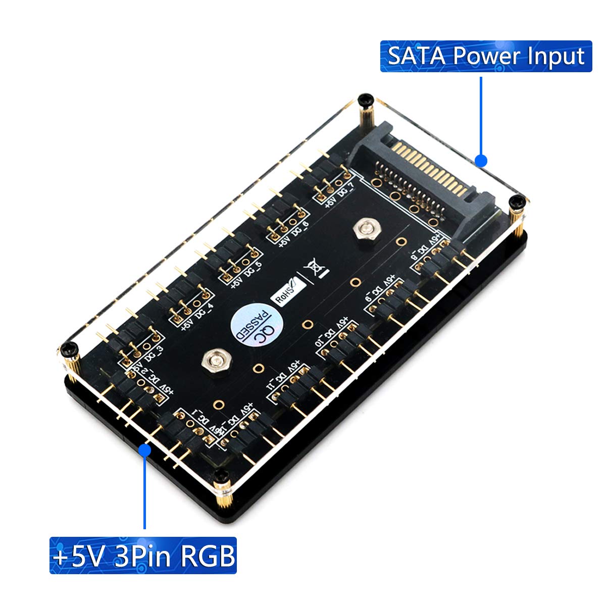 Timack 12 Way 5V 3 Pin ARGB HUB RGB LED Splitter Hub with PMMA Case and Magnetic Standoff for ASUS/MSI 5V 3pin LED Controller