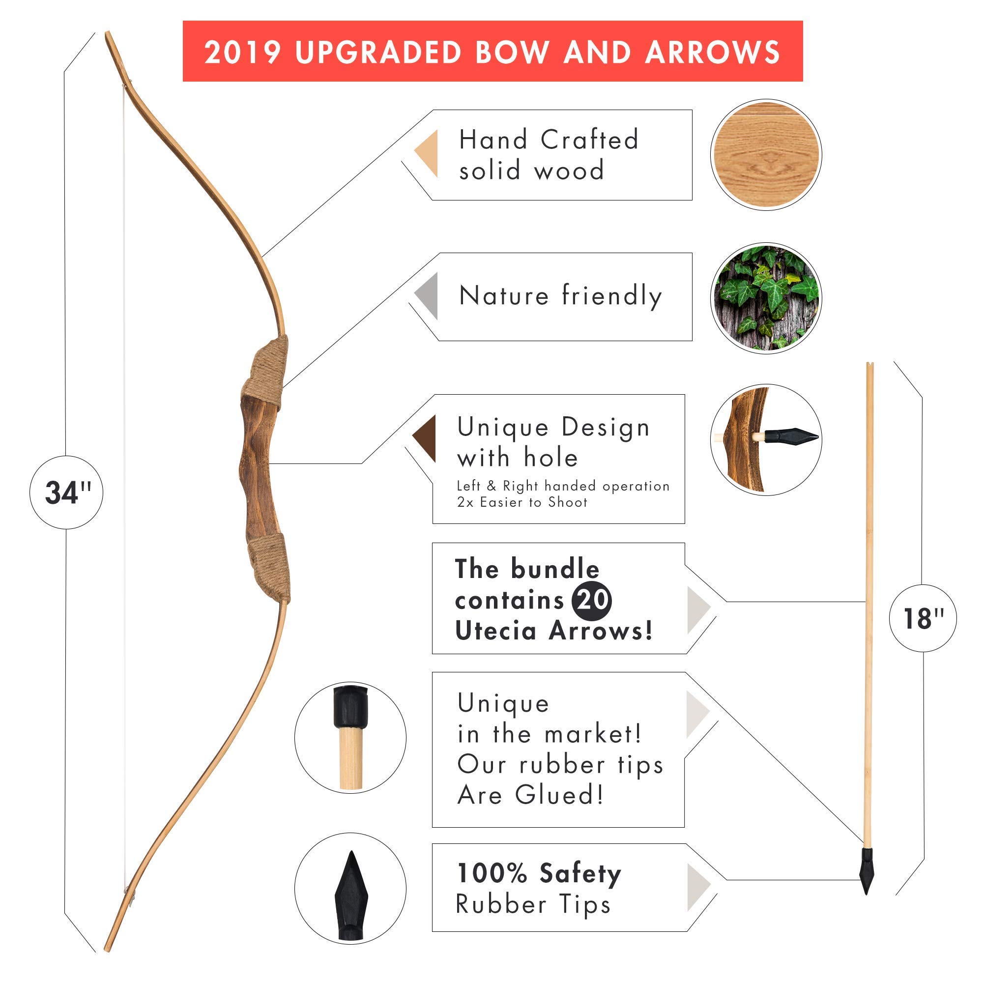 UTeCiA 30 Pcs Complete Archery Set for Kids & Beginners - Safety Rubber Tip Arrow Pack, Handcrafted Wooden Bow, Fabric Quiver, Arm Guard, Finger Glove, Target Sheets - Outdoor and Indoor Shooting Toy