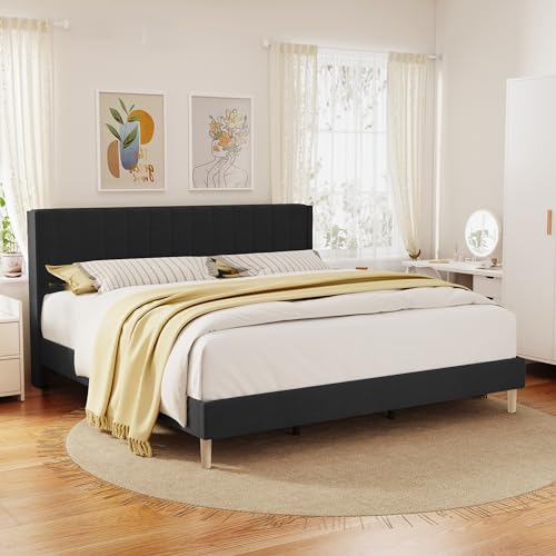 RYR Modern Upholstered Platform Bed Frame King Size with Wingback Headboard,Heavy Duty Metal Mattress Foundation with Wood Slats No Box Spring Needed Easy Assembly, Black Linen