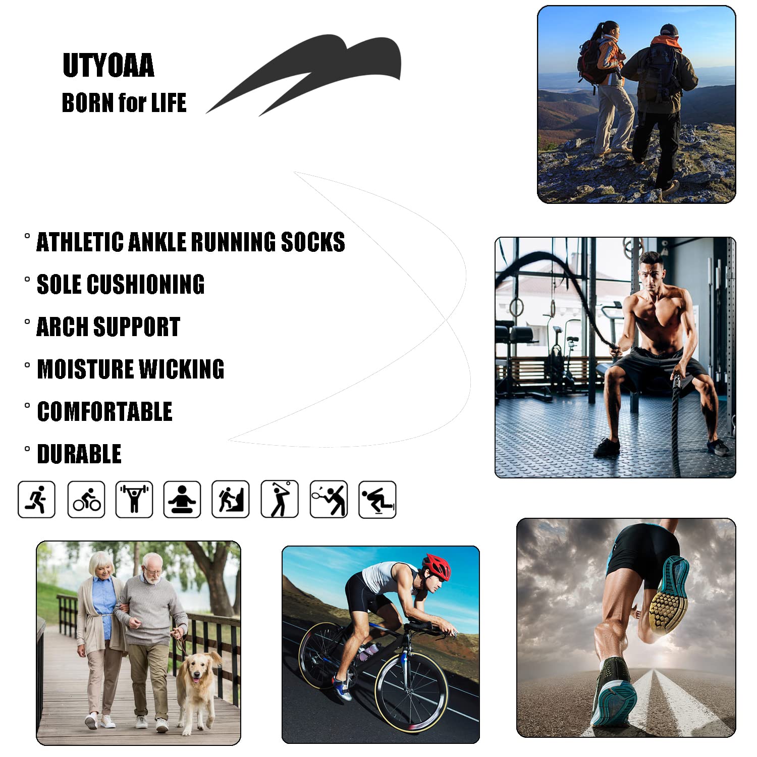 UTYOAA Mens Ankle Socks No Show Running Athletic Low Cut Socks Cushioned Socks 6 Pairs 9-12 White