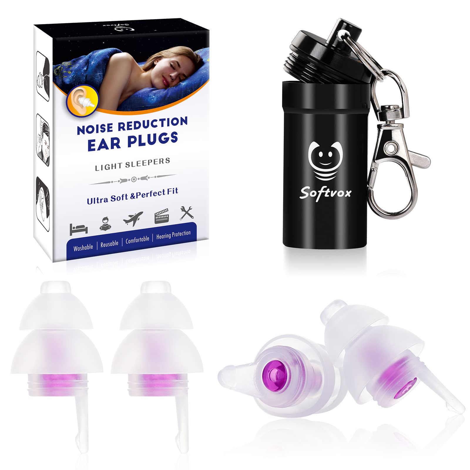 Small Ear Plugs for Sleeping Noise Reduction, 2 Pairs Reusable Soft Silicone Earplugs Sound Blocking Sleeping Earbuds, Hearing Protection for Snoring, Work, Travel, Motorcycle and All Loud Events