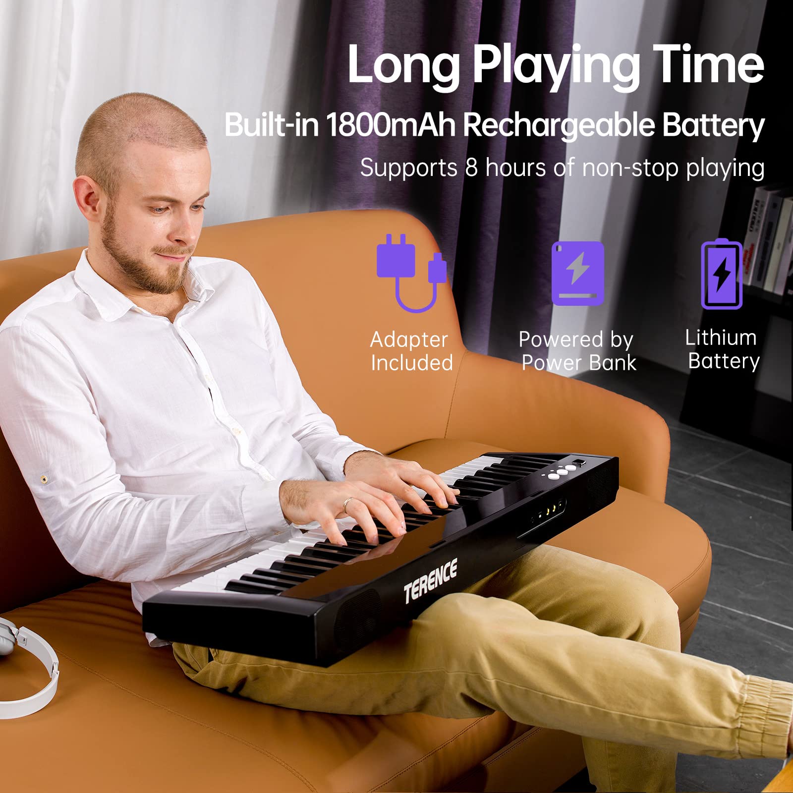 TERENCE Keyboard Piano with 61 Semi-weighted Keys & 1800mAh Battery Support MIDI USB Interface & Piano Application with Bluetooth Sheet Music Stand Sticker Bag Audio Cable Earphones