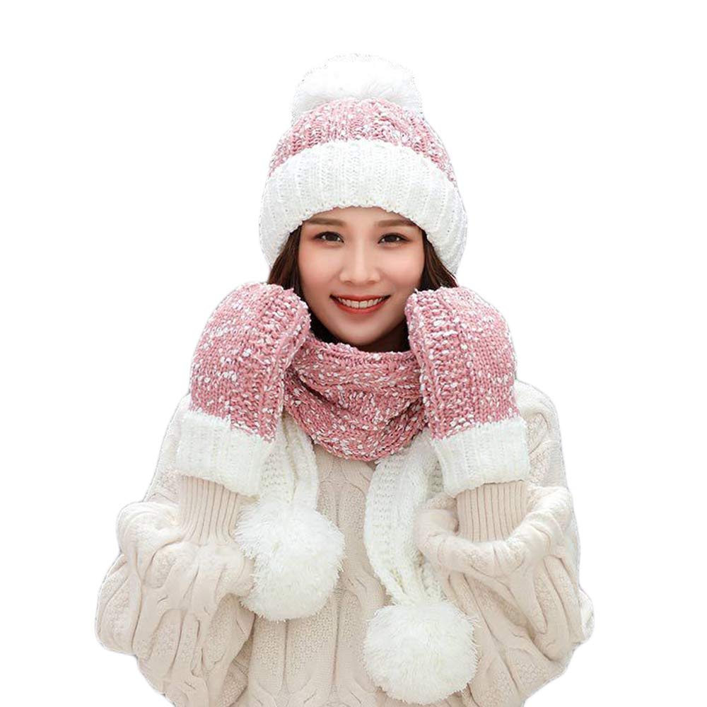 SINLOOG Beanie Hat Scarf and Gloves Set, Womens Winter Warm Knitted Hat Thick Skull Cap 3 in 1 for Cold Weather (Navy Blue, One Size)