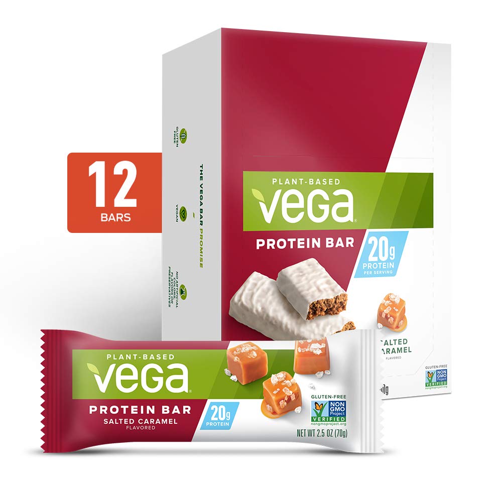 Vega 20g Protein Bar, Salted Caramel - High Protein Vegan Protein Bars, Plant Based, Vegetarian, Dairy Free, Gluten Free, Soy Free, Non GMO (12 Count)