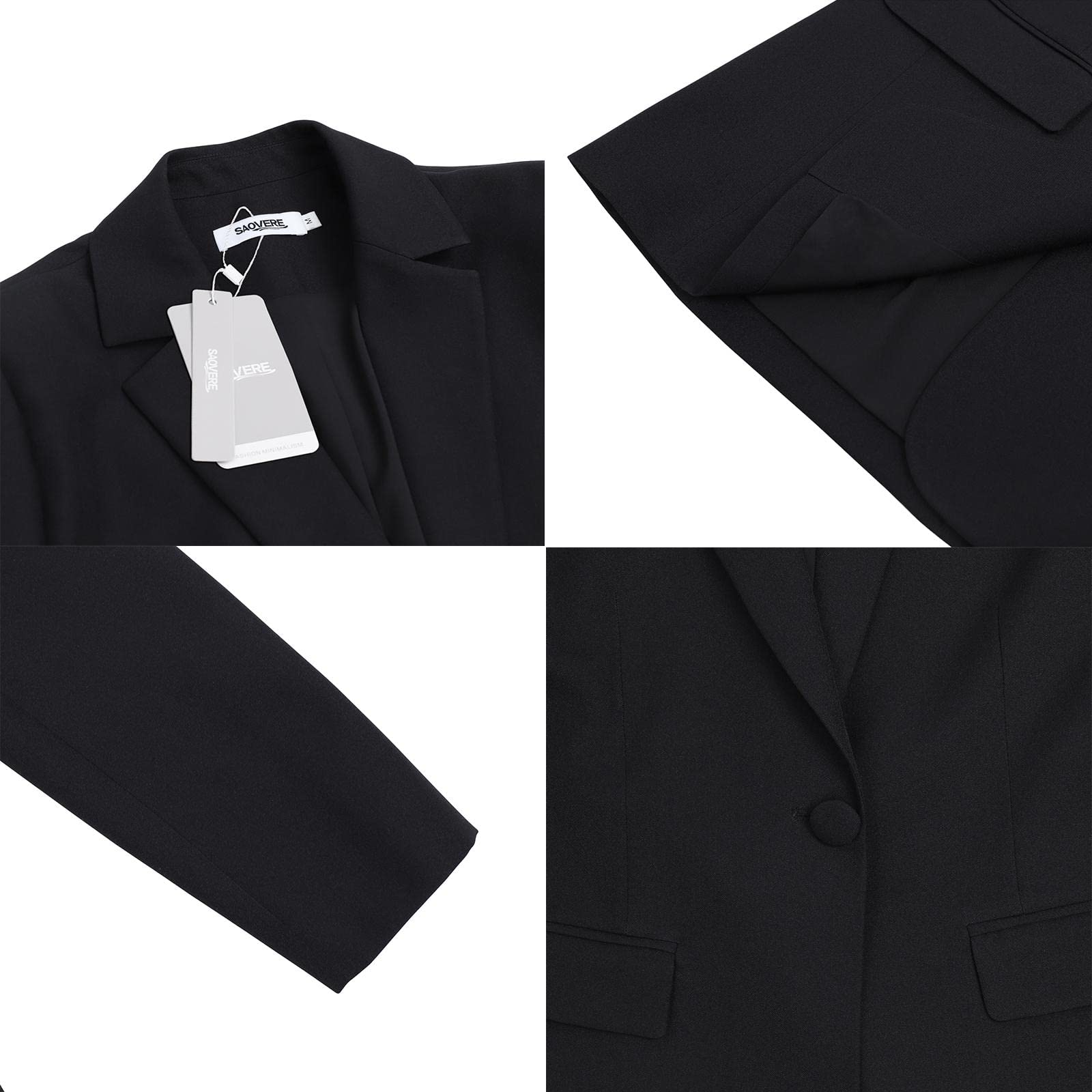 SAOVERE Womens Casual Open Front Long Sleeve Blazer Collared Work Office Pockets Jackets A-Black