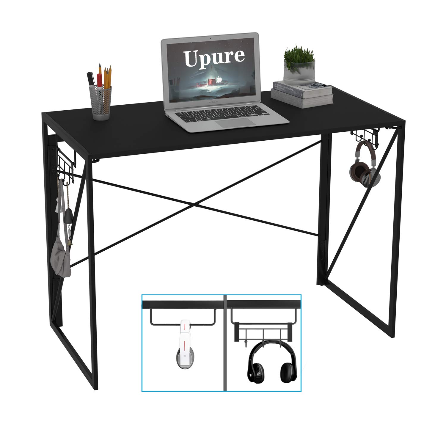 Upure Folding Computer Desk 40" Modern Simple Study Table Foldable Desk Gaming Desk with Removable Hook Home Office Desk Black