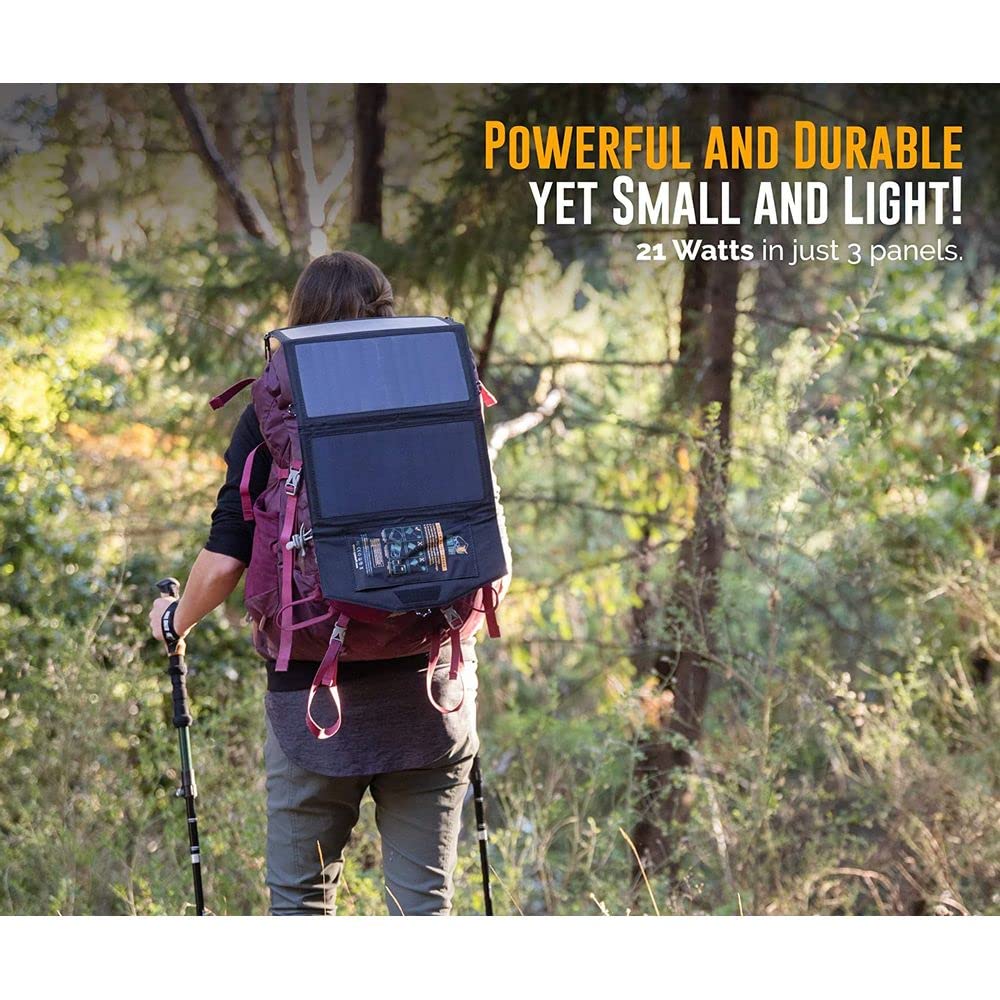 Ryno Tuff Solar Charger With Integrated Battery - Portable Solar Charger for Camping - 21W Foldable Solar Panel Charger 2 USB Ports - Waterproof & Durable Compatible With Most Devices