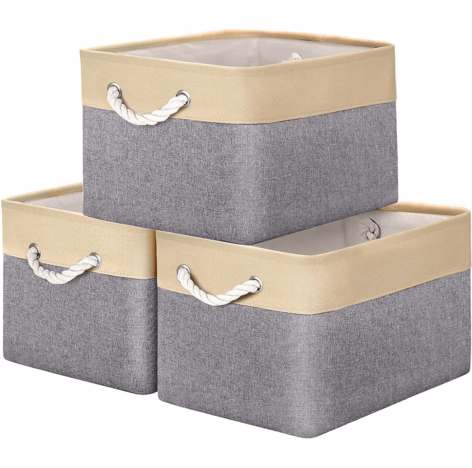 WISELIFE Baskets for Organizing [3-Pack] Collapsible Canvas Storage Bins for Toys Shoes Decorative Storage Bins for Organizing with Handles(Grey-Beige Patchwork,15" Lx11 Wx9.5 H)