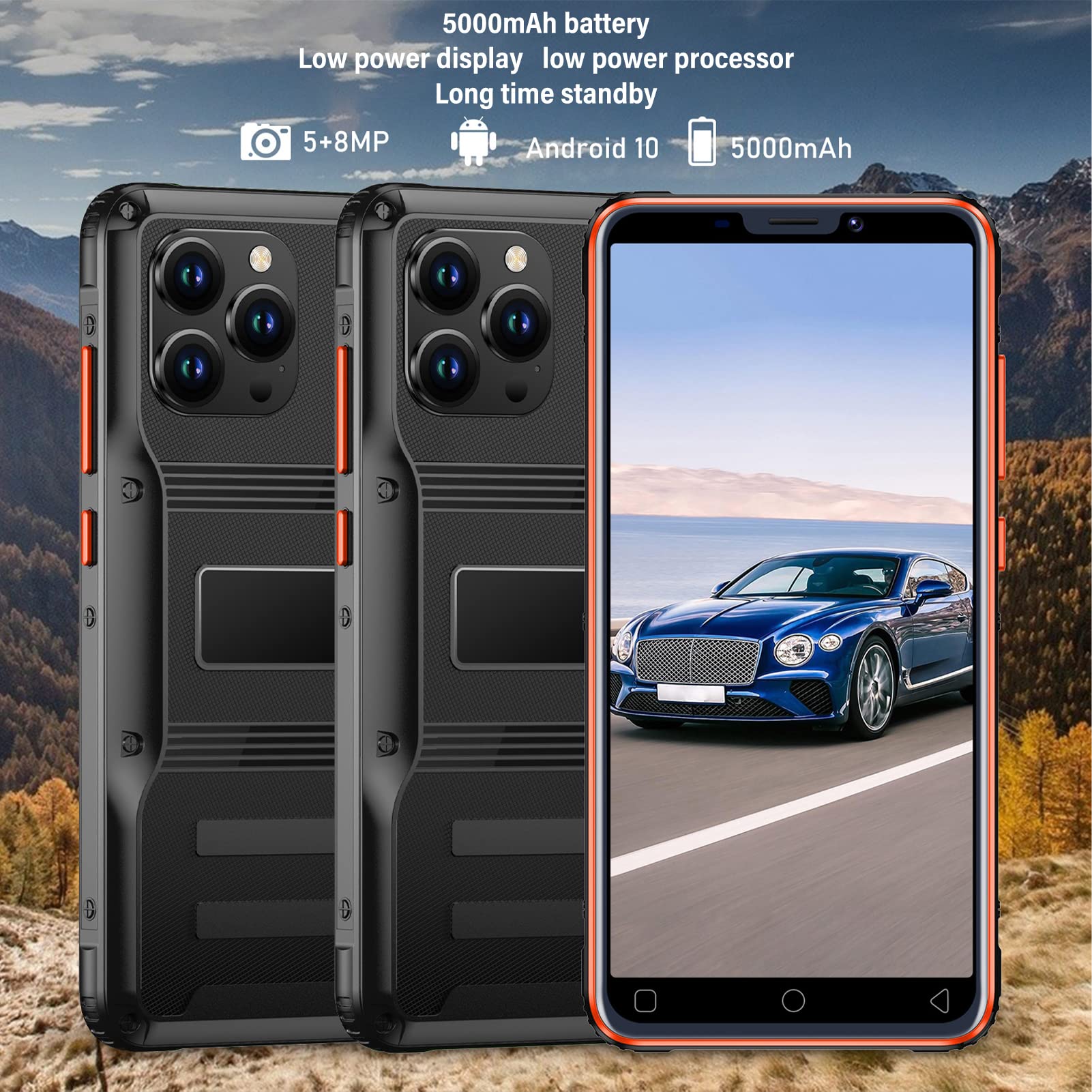 Rugged Cell Phone, 4GB RAM 32GB ROM 5.0in Unlocked Smartphone 100-240V Dual SIM Dual Standby for Android 10 for Camping (US Plug)
