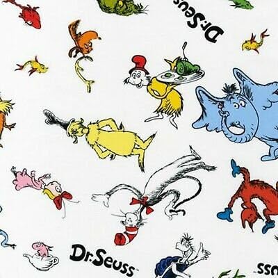 Strong-Store Licensed Fabric - Celebrate Dr Seuss Character Toss White - Yard 100% Cotton.