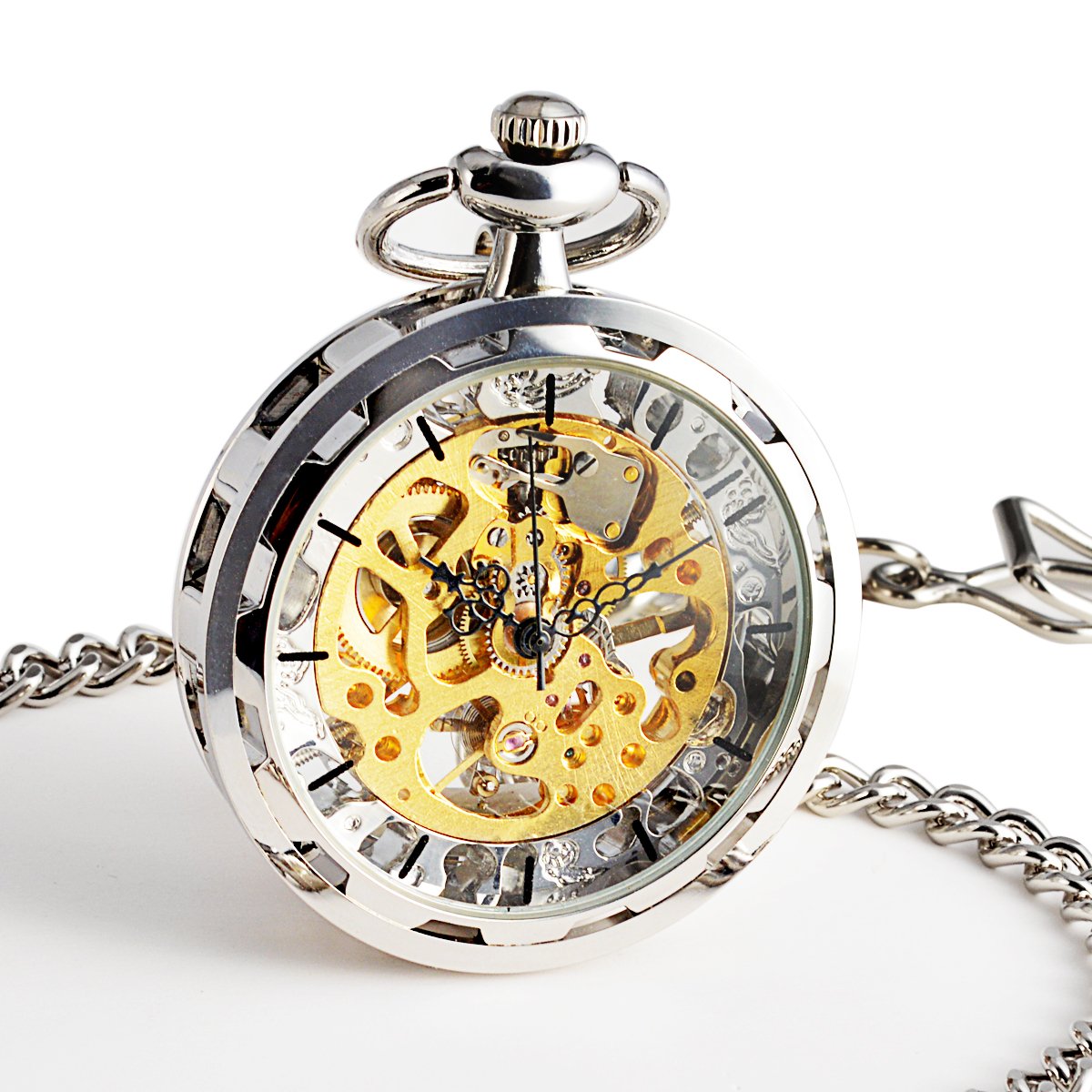 SIBOSUN Steampunk Transparent Open Face Pocket Watch for Men Women Silver Skeleton Dial with Chain + Box
