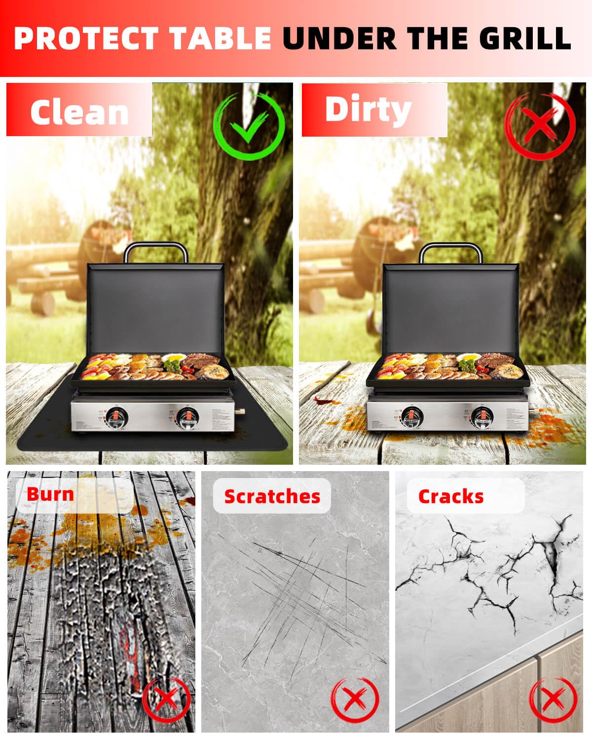 TOHONFOO 24" x 31" Grill Mat Fireproof for Outdoor Grill Protecting Prep Barbecue Table - Heat Resistant BBQ Tabletop Grilling Griddle Pad, Easy to Clean & Storage - Waterproof & Foldable, 1.2mm
