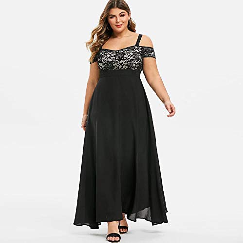 Women Plus Size Cold Shoulder Swing Dress Flower Lace High Waisted Dress Straps Maxi Dress
