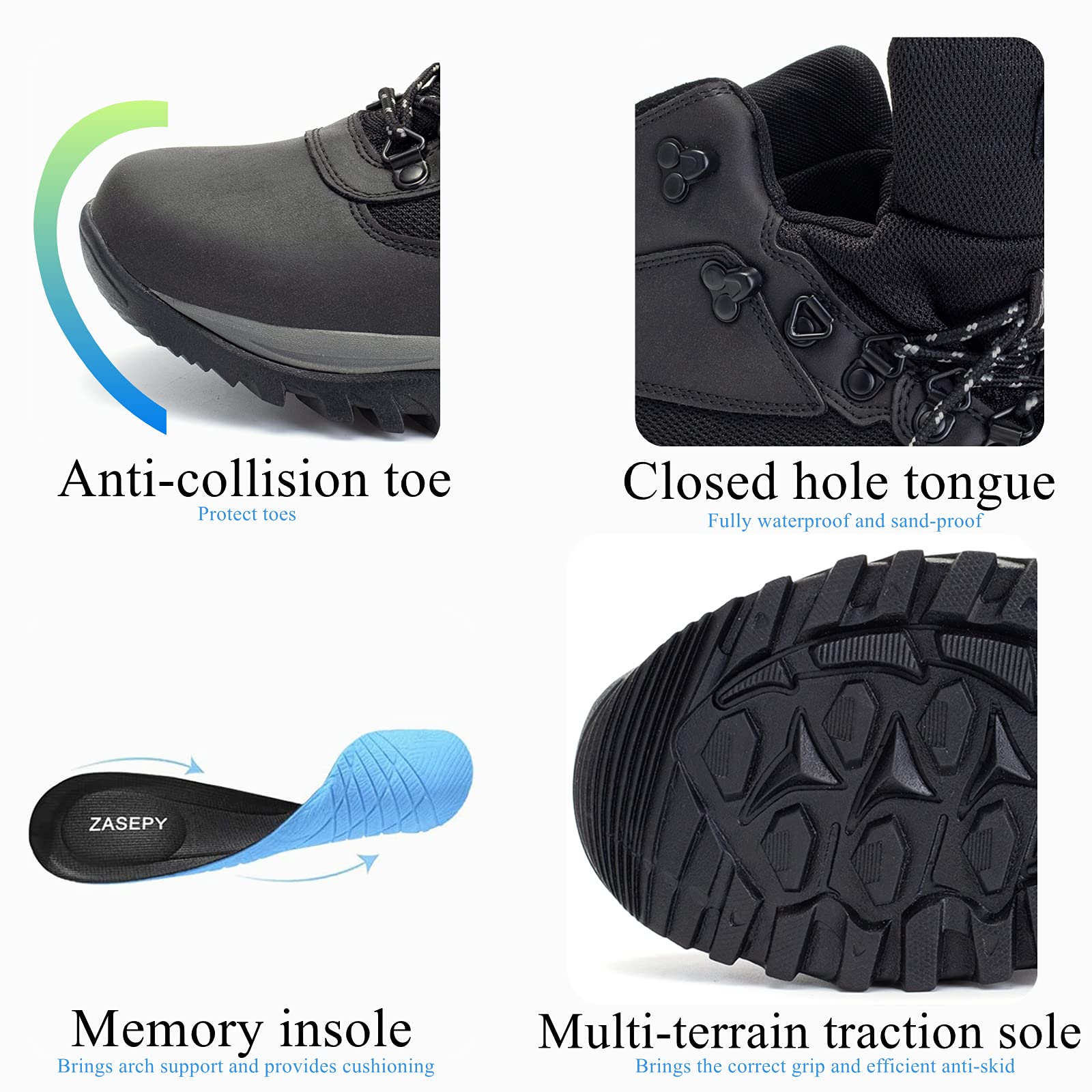 ZASEPY Men's Waterproof Hiking Boots Lightweight Non-Slip Outdoor Shoes Mid Top Ankle Arch Support Hiker Backpacking Trekking Work Boot