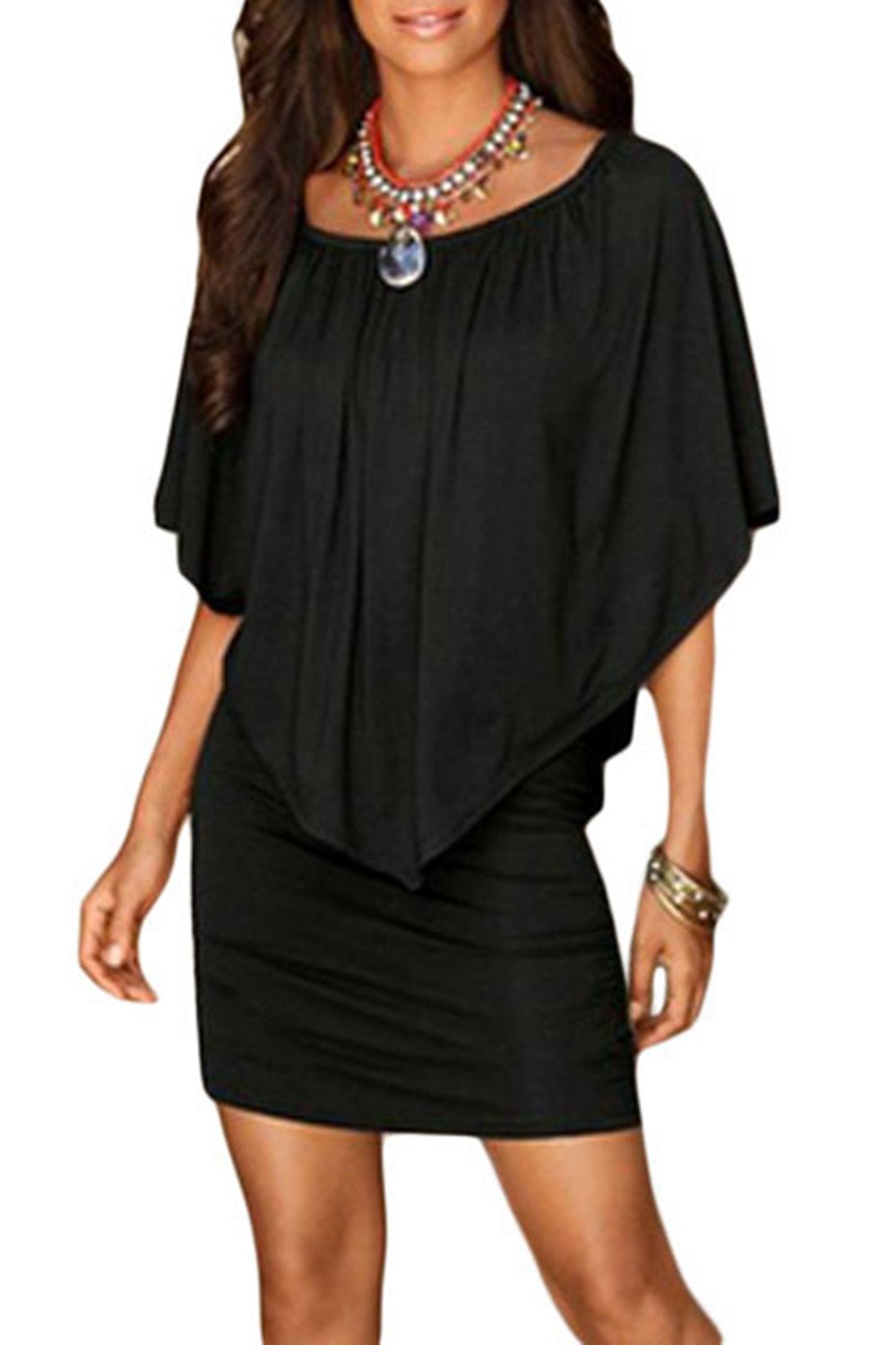 Sidefeel Womens Black Dresses Off Shoulder Ruffles Night Club Bodycon Mini Dress X-Large