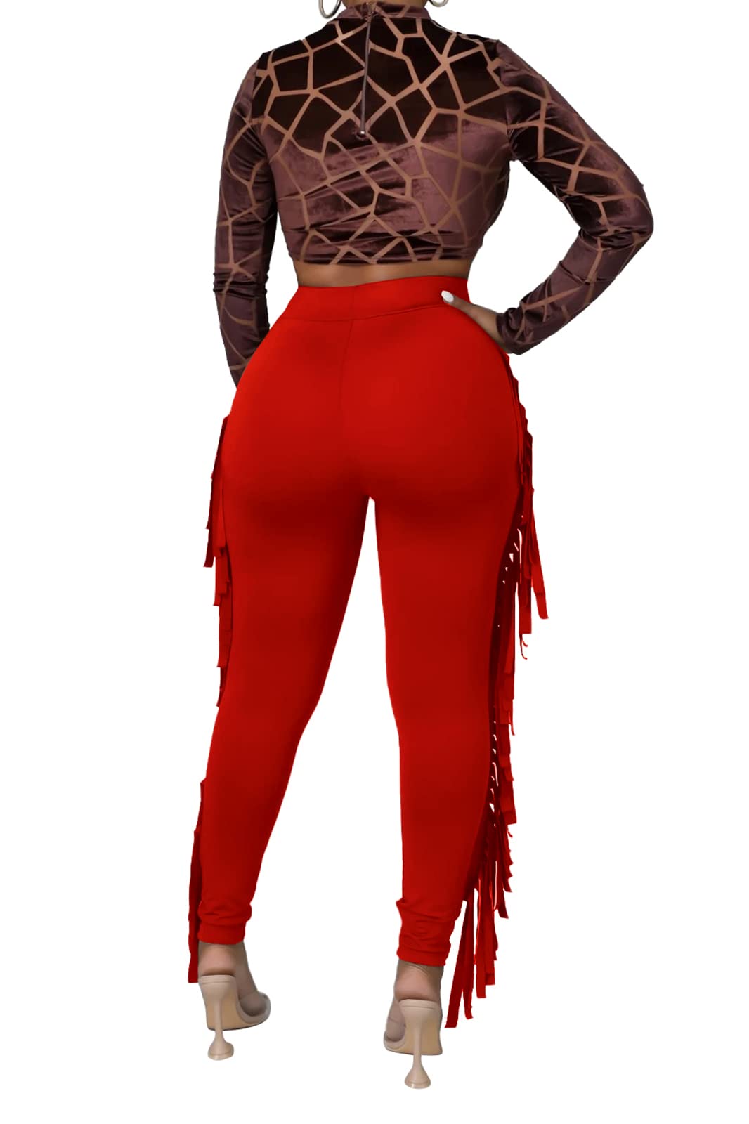 Women's Fringe Pants Casual High Waist Solid Bodycon Side Tassel Pants Yoga Pants Sweatpants Bandage Pants Red Large
