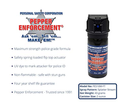 Pepper Enforcement 2 oz. Splatter Stream Pepper Spray for Self Defense 4 Pack - Maximum Strength 10% OC Police Formula, Flip Top Safety Tactical Design, Personal Protection Devices