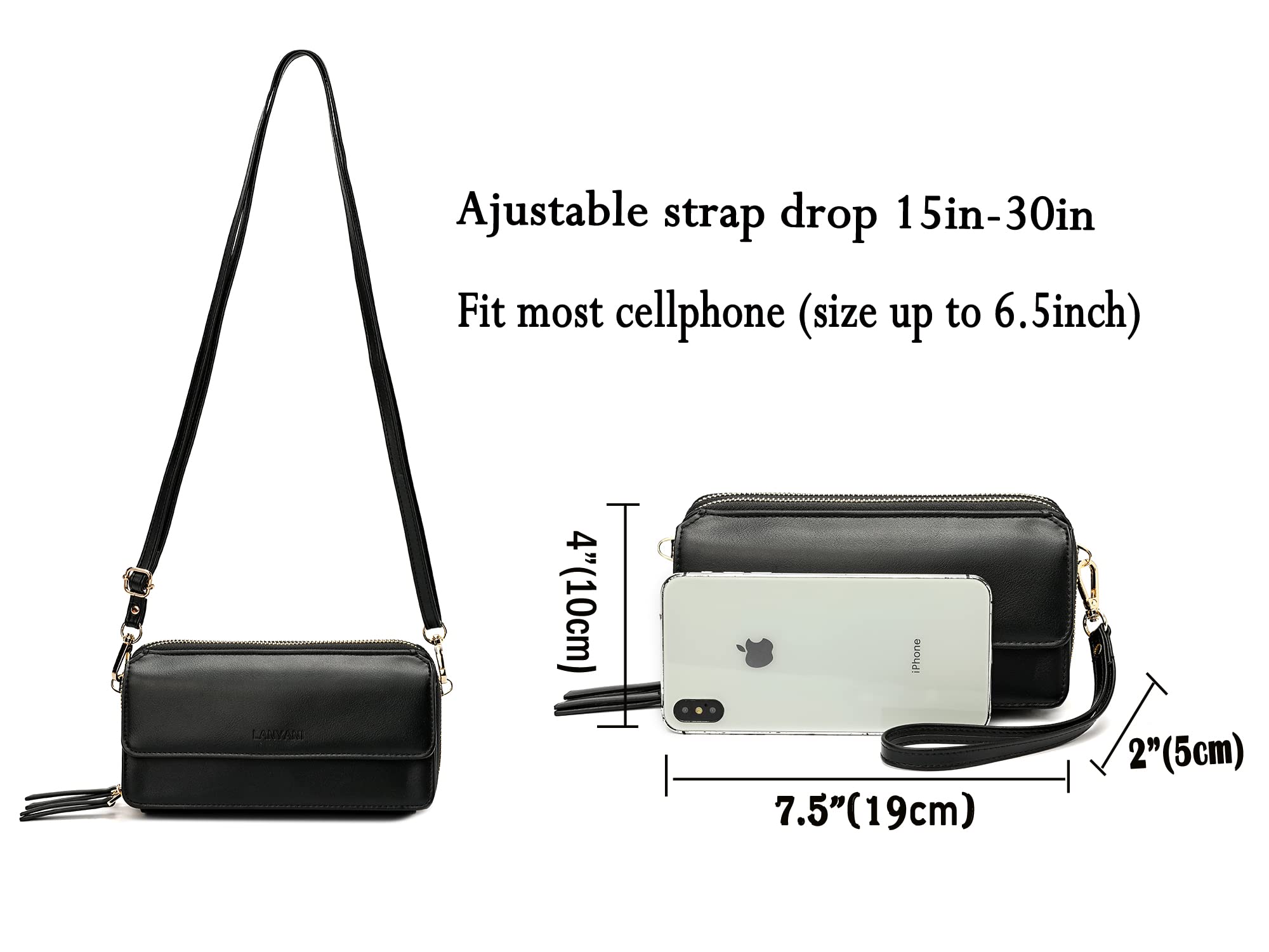 Women Crossbody Wallet RFID Blocking Cell Phone wristlet Purse with shoulder strap Ladies small cross body bag (Black)