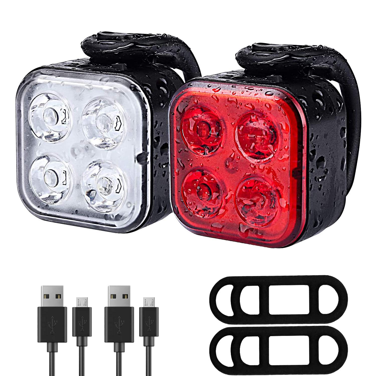 Teshudi Bike Light Set, Rechargeable Bike Lights Front and Back, Super Bright Bicycle Lights, Instant Install, Fits All Bikes, 4 Light Mode, Waterproof, Lightweight, Durable