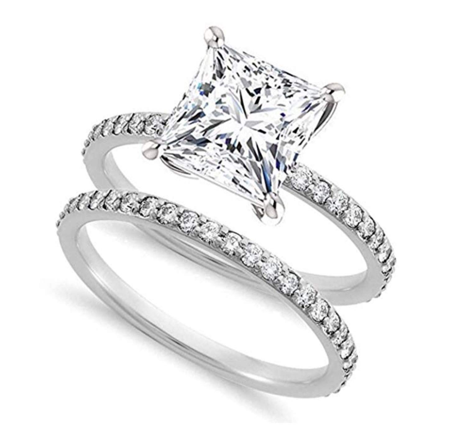 Venetia 101 Facets Realistic Supreme Princess Cut 1.5 Carat Simulated Diamond Ring Band Set 925 Silver Platinum Plated BSQ
