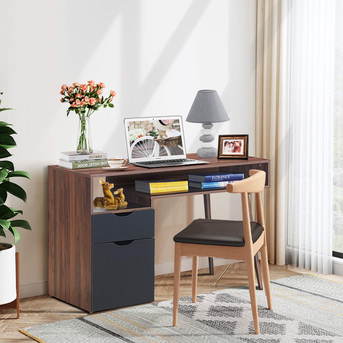 Tangkula Computer Desk with Drawers, Multipurpose Home Office Desk Writing Desk with Spacious Desktop & Storage Shelf, Computer Table Workstation, Desk for Bedroom Home Office (Brown)