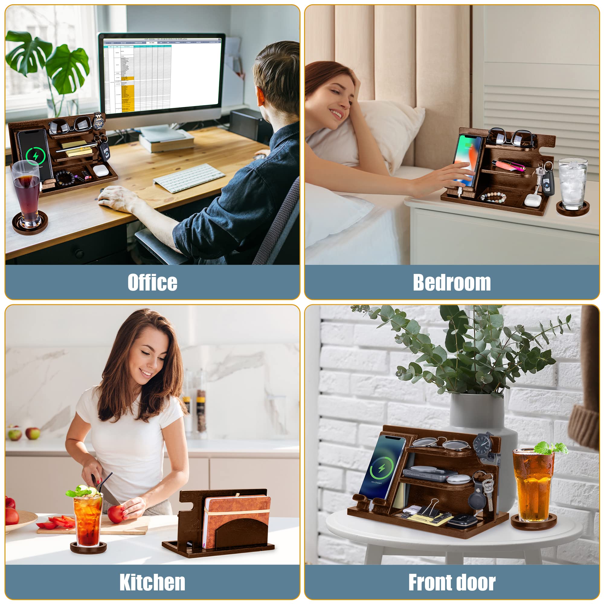 Wooden Docking Station with Laptop Compartment & Coaster! Ash Wood Tray, Bedside Caddy Nightstand Organizer, Entryway Organizer Key Tray, Desk Organizer Valet Tray for Men & Women (Brown, No Drawer)