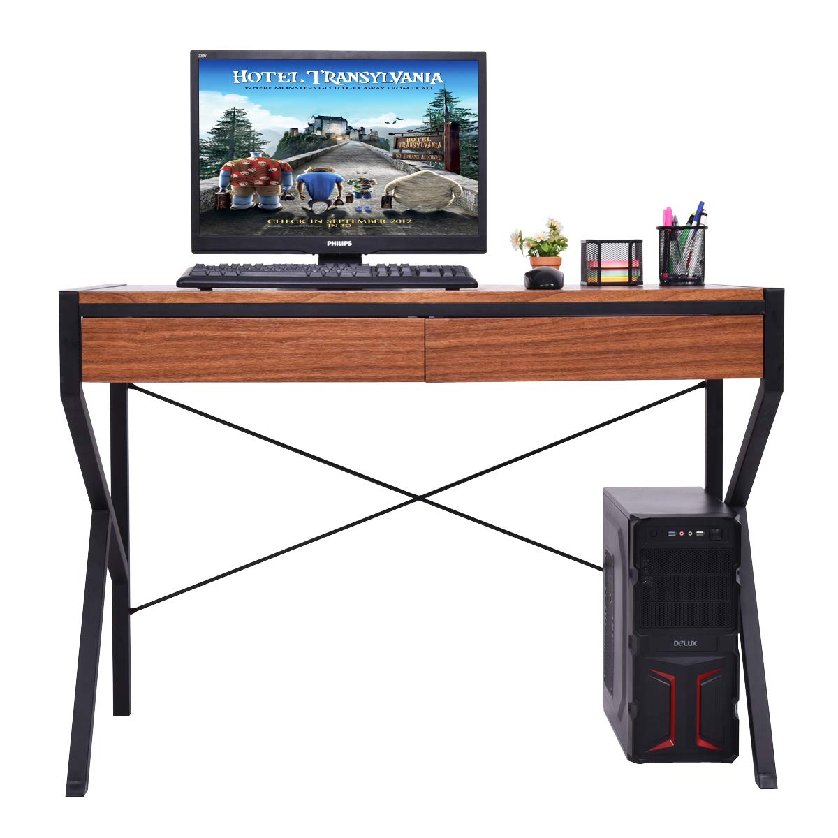 Tangkula Computer Desk, PC Laptop Desk Modern Simple Style Study Writing Table, Home Furniture Office Workstation with Storage Drawers (Wood)