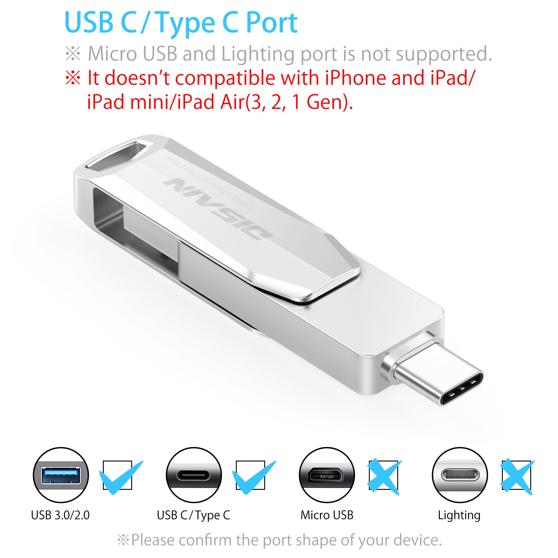 USB C Flash Drive DISAIN 32GB 2 in 1 OTG USB 3.1 to USB C Memory Stick Metal USB C Thumb Drive Compatible with MacBook Pro Air, Type C Smartphones, Tablets