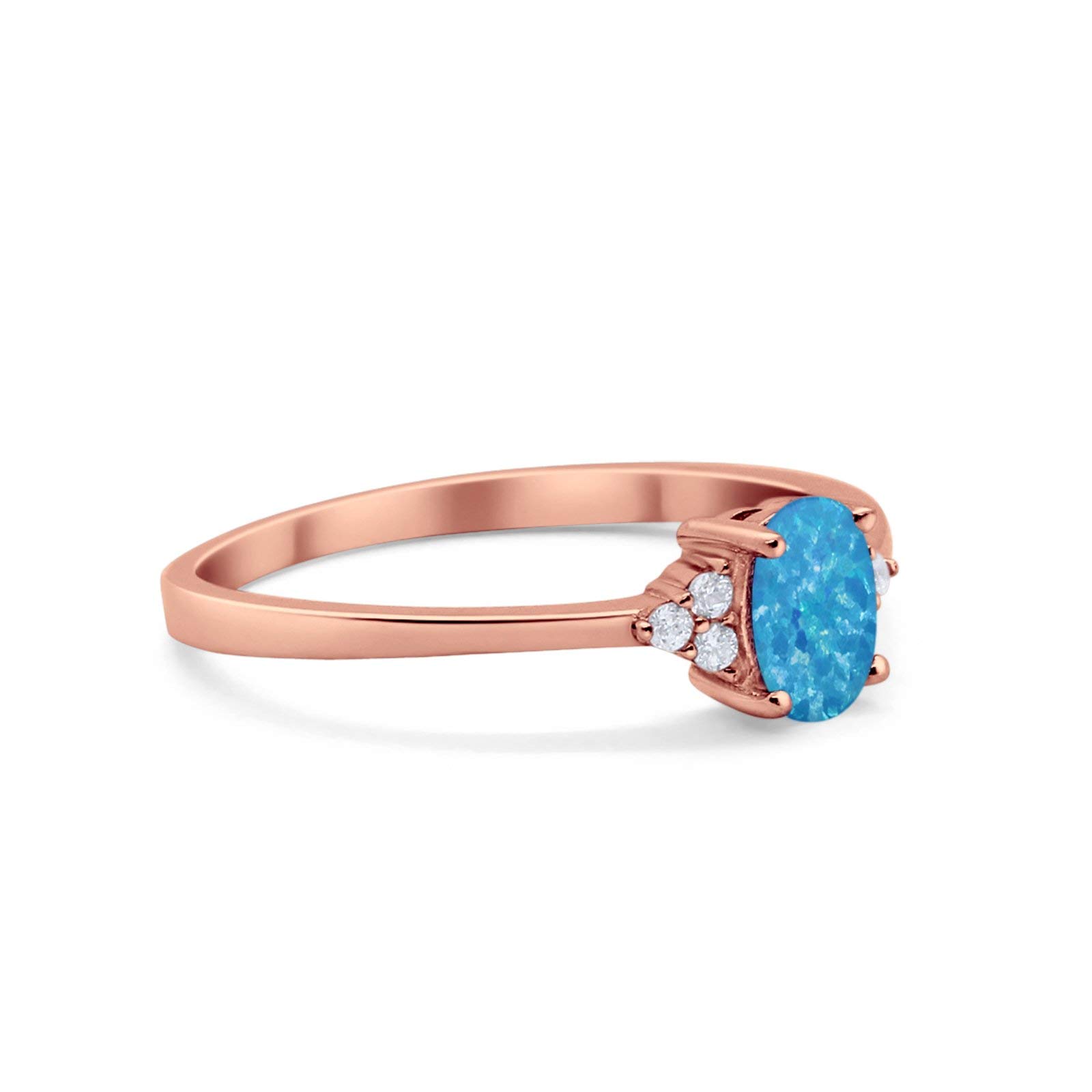 Rose Tone, Lab Created Blue Opal CZ Size-11 Oval Cut Wedding Engagement Ring Round Simulated Cubic Zirconia 925 Sterling Silver
