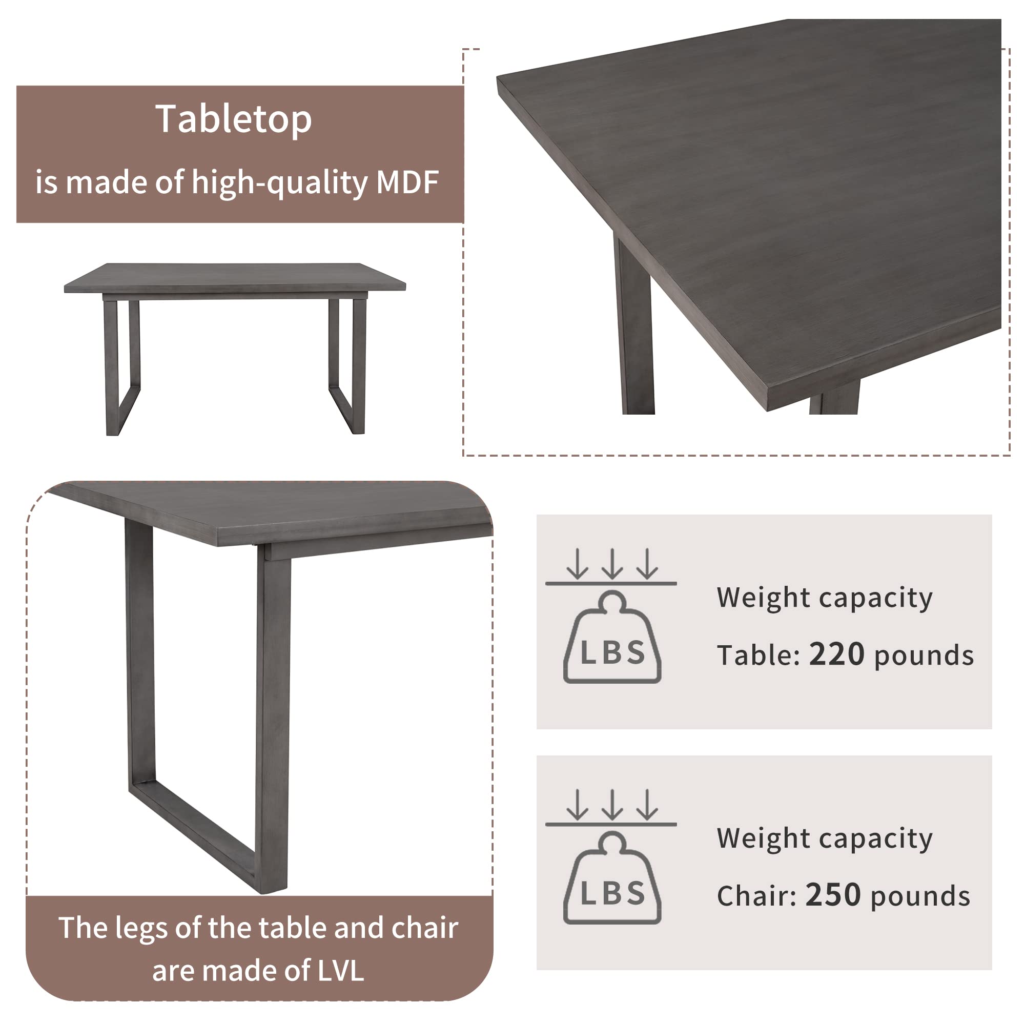 Prohon 60“L Rectangular Table with Strong Wood Legs, 4 Soft Comfort High Backrest Chairs and Upholstered Bench for 6, Minimalist Style Dining Set for Kitchen/Living Room/Apartments, Gray