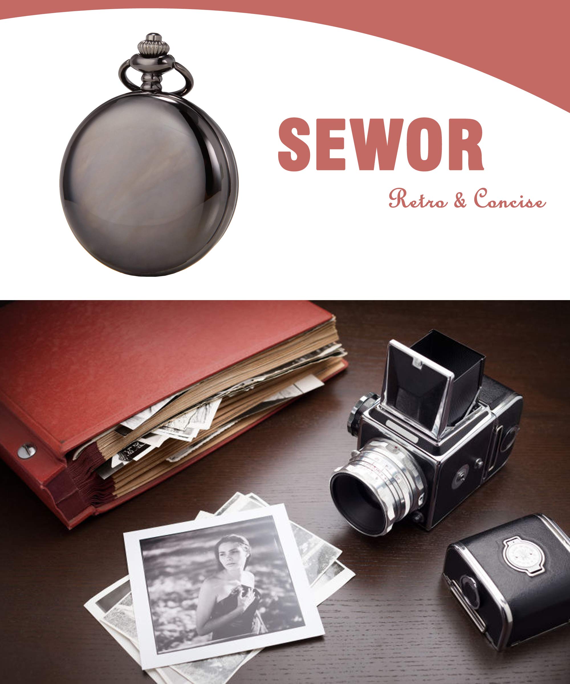 SEWOR Nice Quartz Pocket Watch Shell Dial Gold Smooth Case with Two Type Chain(Leather+Metal) (Black)