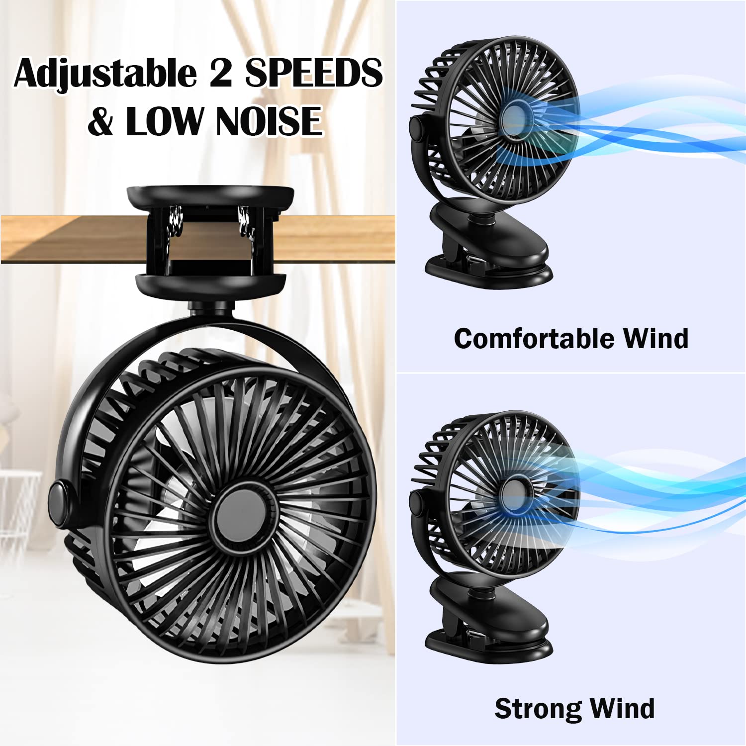 Small Clip on Fan, 2 Speeds USB Fan Powerful Personal Desktop Table Fan, Clip & USB Desk Fan with Sturdy Clamp, 360° Rotate Ultra Quiet operation for Home Office Indoor Bedroom Stroller(Black)