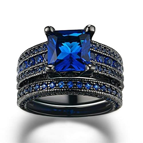 Women's Jewelry Black Gold Plated Princess Cut Blue CZ 2 Piece Wedding Engagement Rings Promise Bridal Set (US Code 5-12) (8)