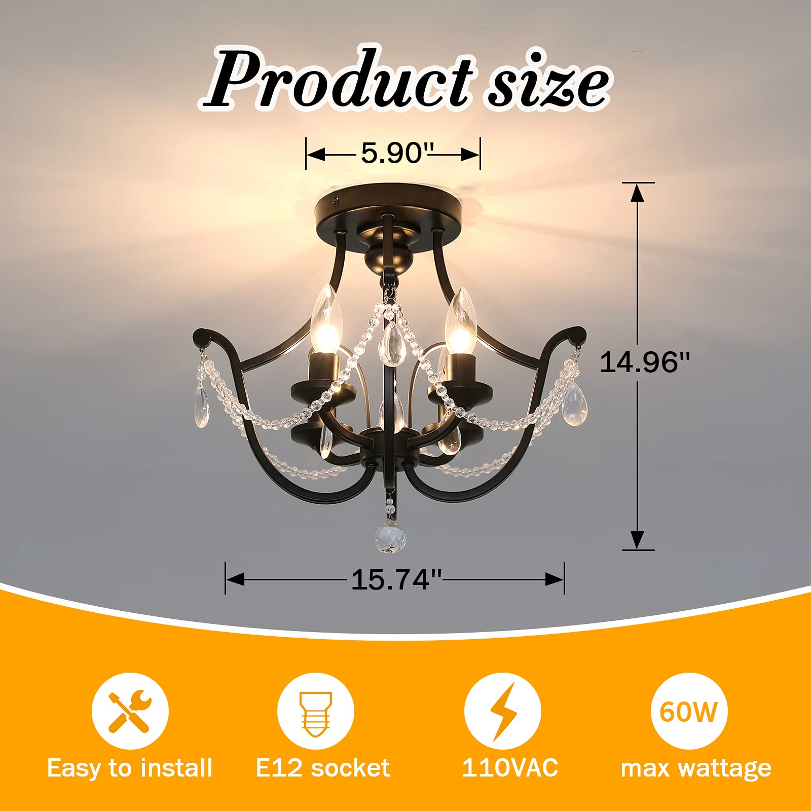 UOFUS Modern Semi Flush Mount Crystal Chandelier Farmhouse Indoor Small Ceiling Light Fixture Modern Ceiling Lamp for Foyer Kitchen Hallway Bathroom Bedroom Dining Room ( Black )