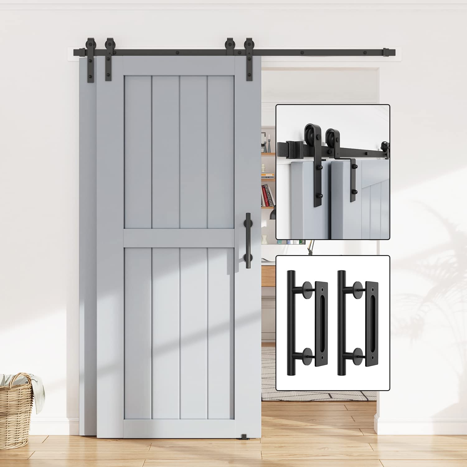 WINSOON 6FT Single Track Bypass Barn Door Hardware Double Doors Kit with 2PCS 12 Inch Sliding Barn Door Handles Black Hardware