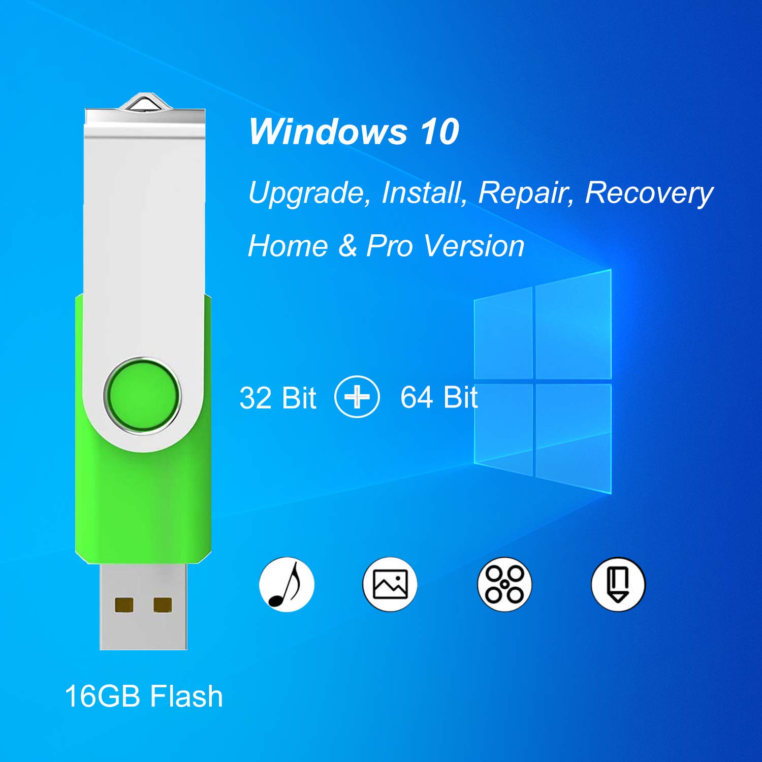 USB for Win 10 Repair Recovery Install Restore Boot Fix Flash Drive, 32&64 Bit Systems Home&Professional, Antivirus Protection&Drivers Software, 16 GB USB for Desktop&Laptop - Green