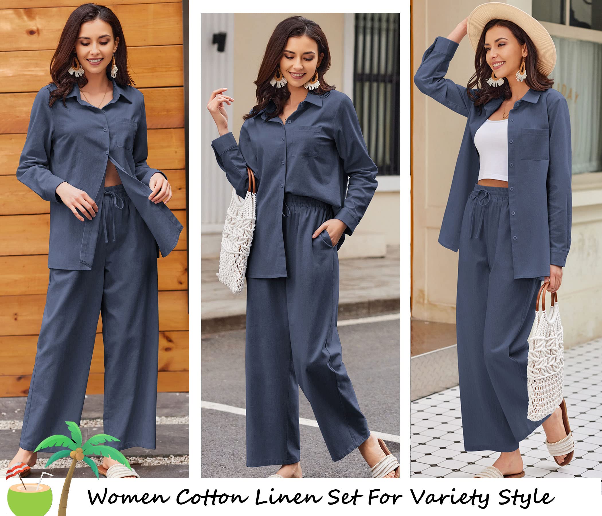 Zeagoo Women Beach Outfits Sets Linen Summer Two Piece Sets Linen Button Up Shirts