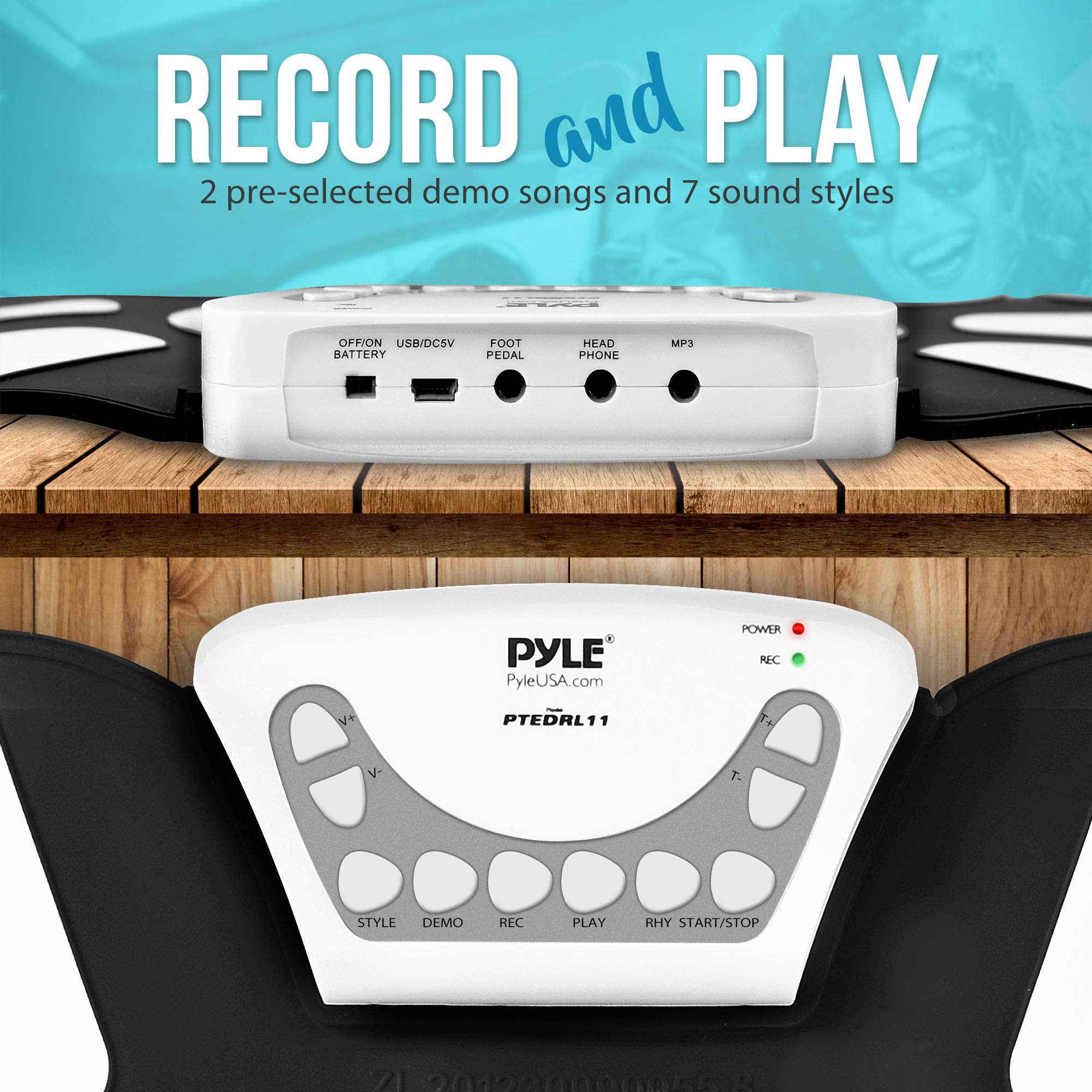 Pyle Compact & Ultra-Thin Portable Machine w/ 9 Electronic Pads, Foot Pedals, Drumsticks, & Power Supply Tabletop Roll Loaded W/Drum Electric Kits & Songs, Headphone Jack